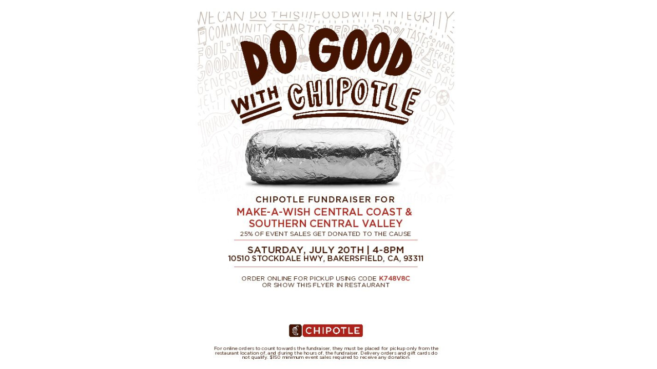 Chipotle Fundraiser, July 20th 4-8 pm